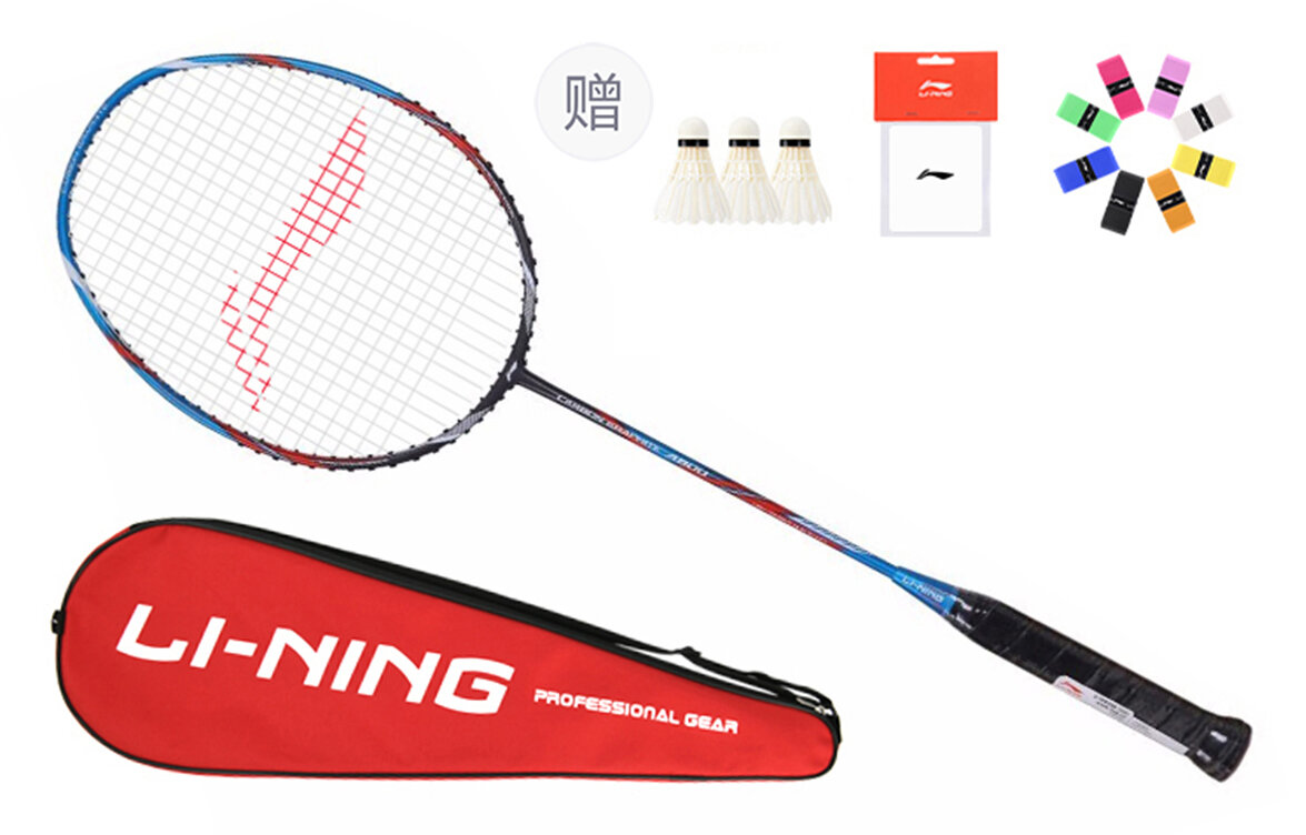 Ракетка для бадминтона унисекс Li Ning Full Carbon Offensive Type Heavy Head, Stiff Shaft, Entry level, 675mm, односторонняя серо-синяя