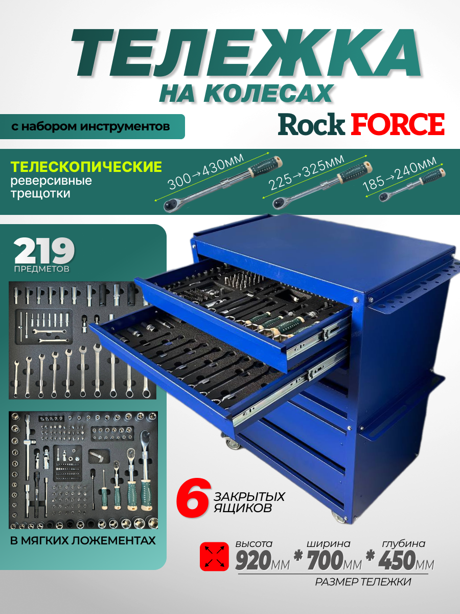 Тележка инструментальная с набором инструментов Rock Force 219 пр. и телескопическими трещотками