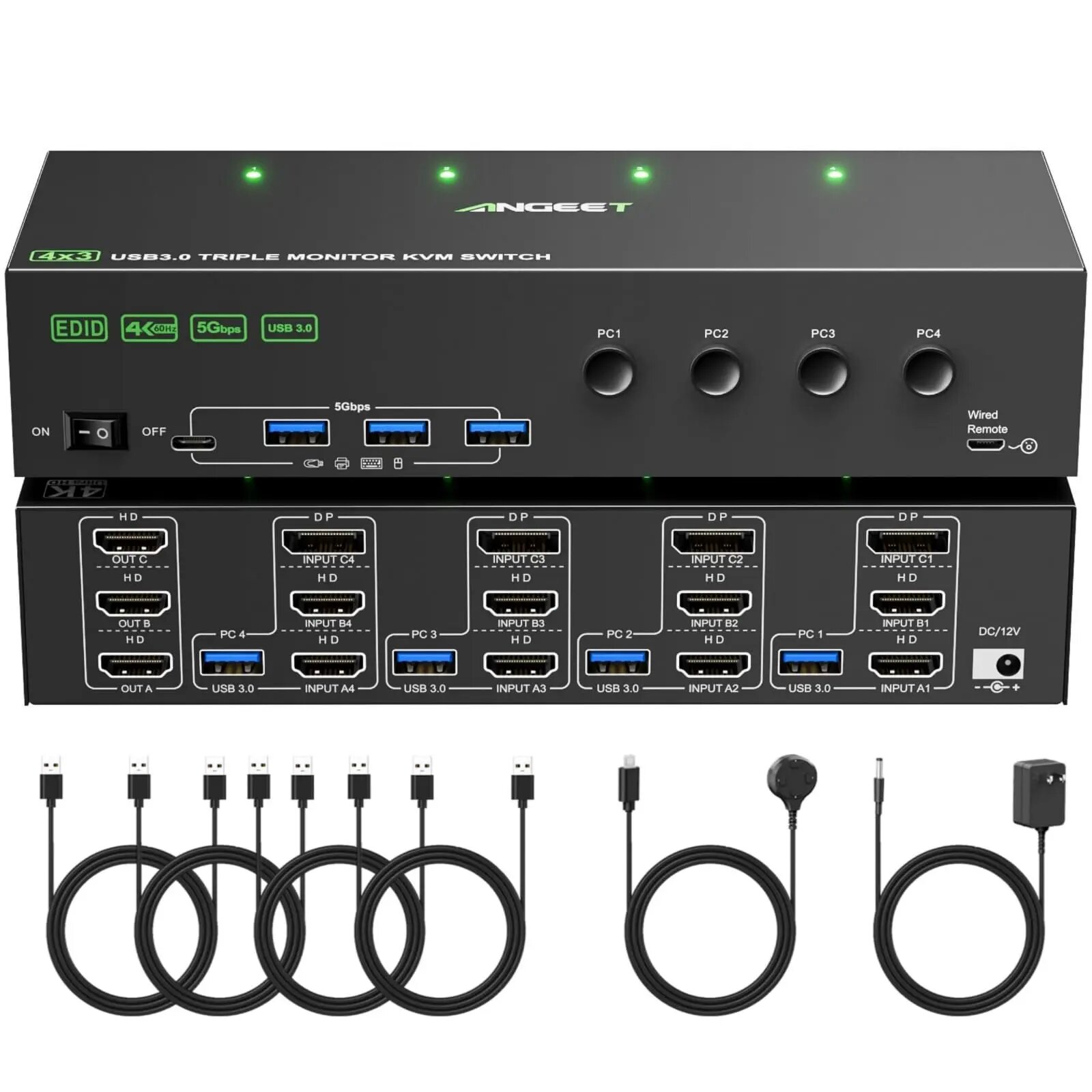 AIMOS KVM-переключатель 4K, 3 монитора, 4 компьютера, EU Plug, 403DH3--3H