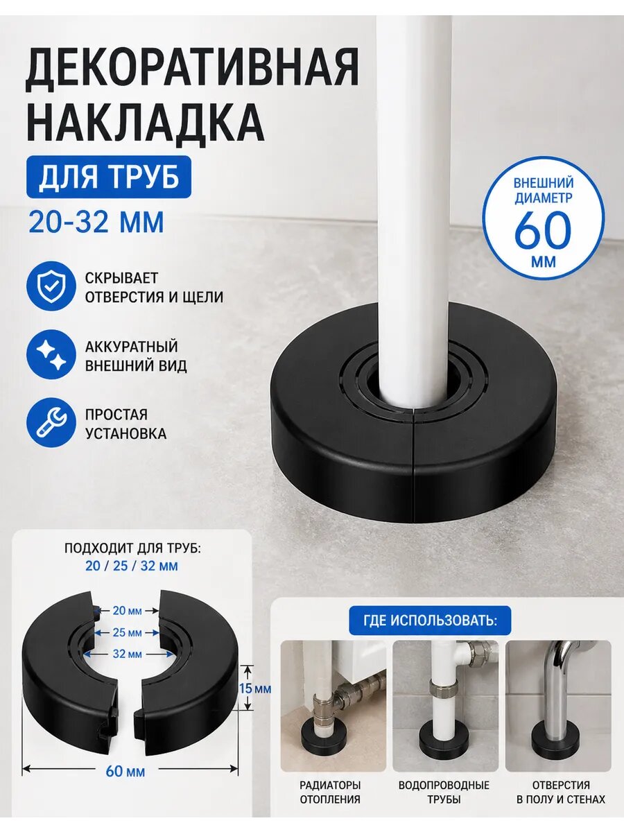 Декоративная крышка (накладка) для труб, черная, разъемная