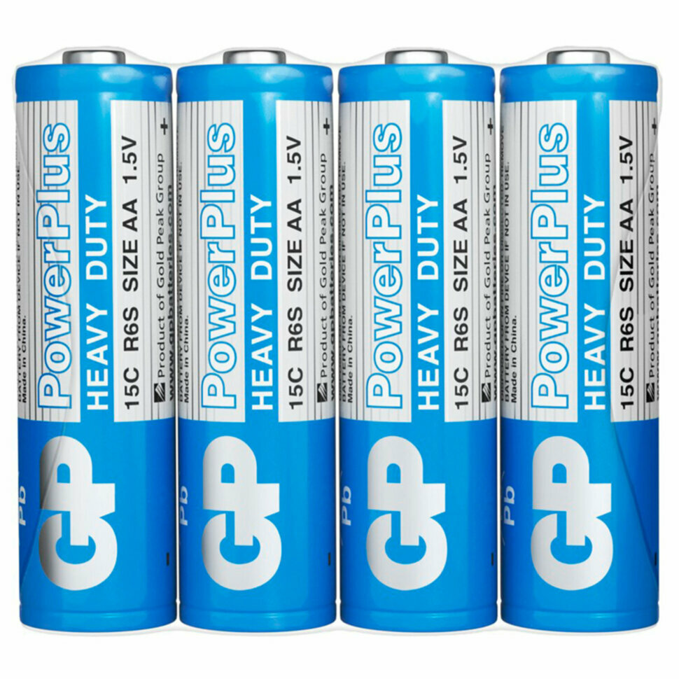 Батарейки комплект 4 шт, GP PowerPlus AA (R6, 15G), солевые, пальчиковые, в пленке, 15CEBRA-2S4, 457757