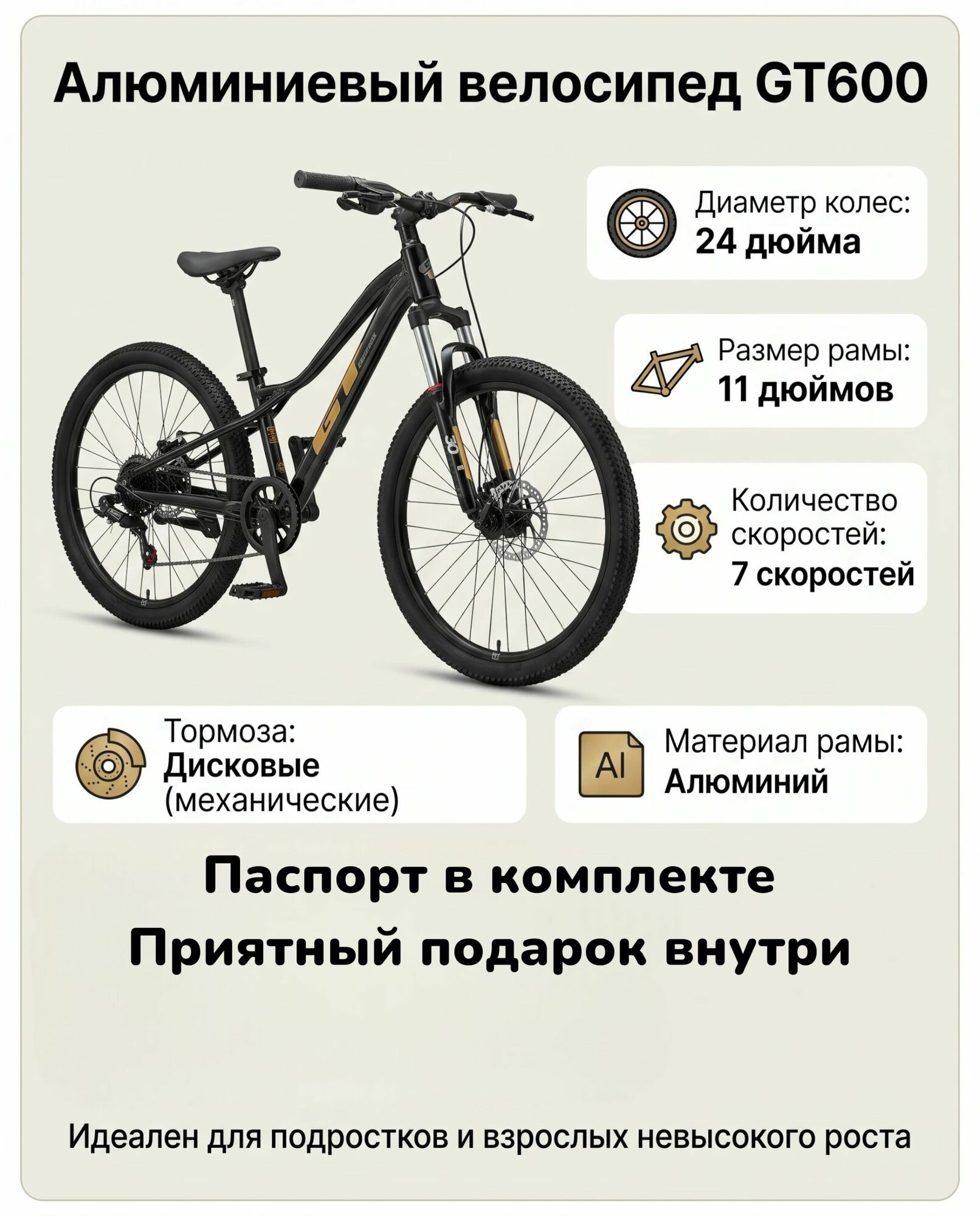 Велосипед подростковый горный TIMETRY, GT600, 24, Рама 11, Черный