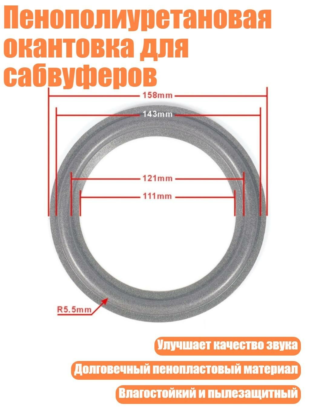 Пенополиуретановая окантовка для сабвуферов, Черный - 6,5 дюймов
