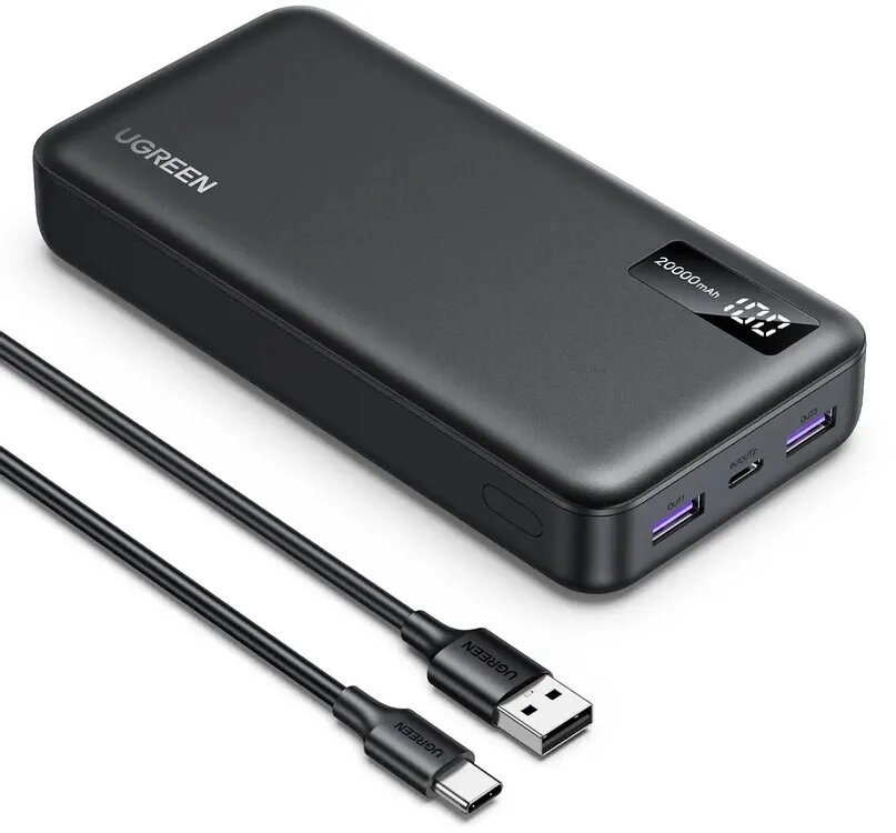 Внешний аккумулятор (Power Bank) UGREEN PB312, 20000мAч, серый (25683), быстрая зарядка, дисплей, индикатор заряда
