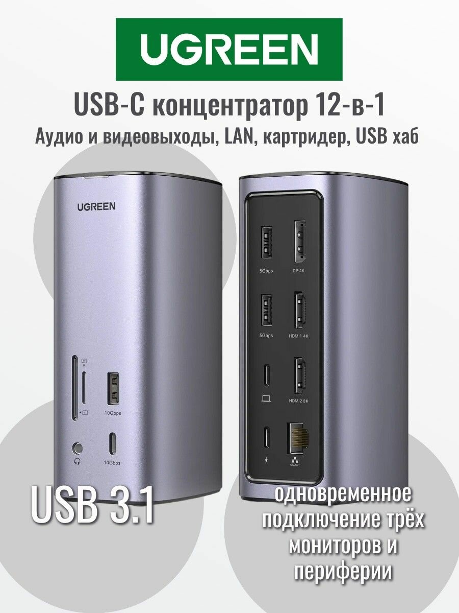 USB-концентратор Ugreen CM555 90325 13 в 1 (HUB) USB A x2, 3.1, DP 4K, HDMI x2, Type-C (PD 100В), 3.5 mm Audio, RJ45, SD/TF