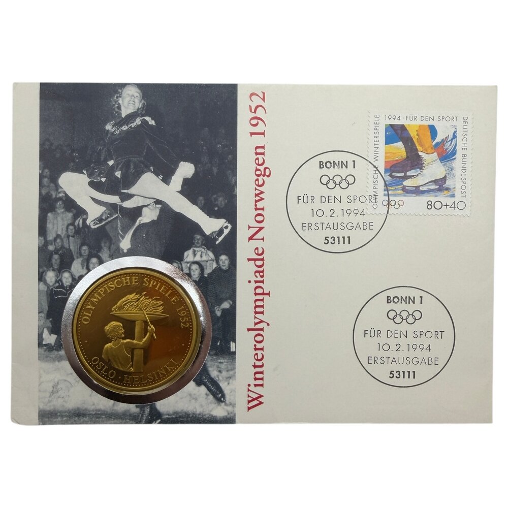ФРГ (Германия) медаль "XV летние и VI зимние Олимпийские игры 1952" 1993 г. (Конверт, нумисбриф)