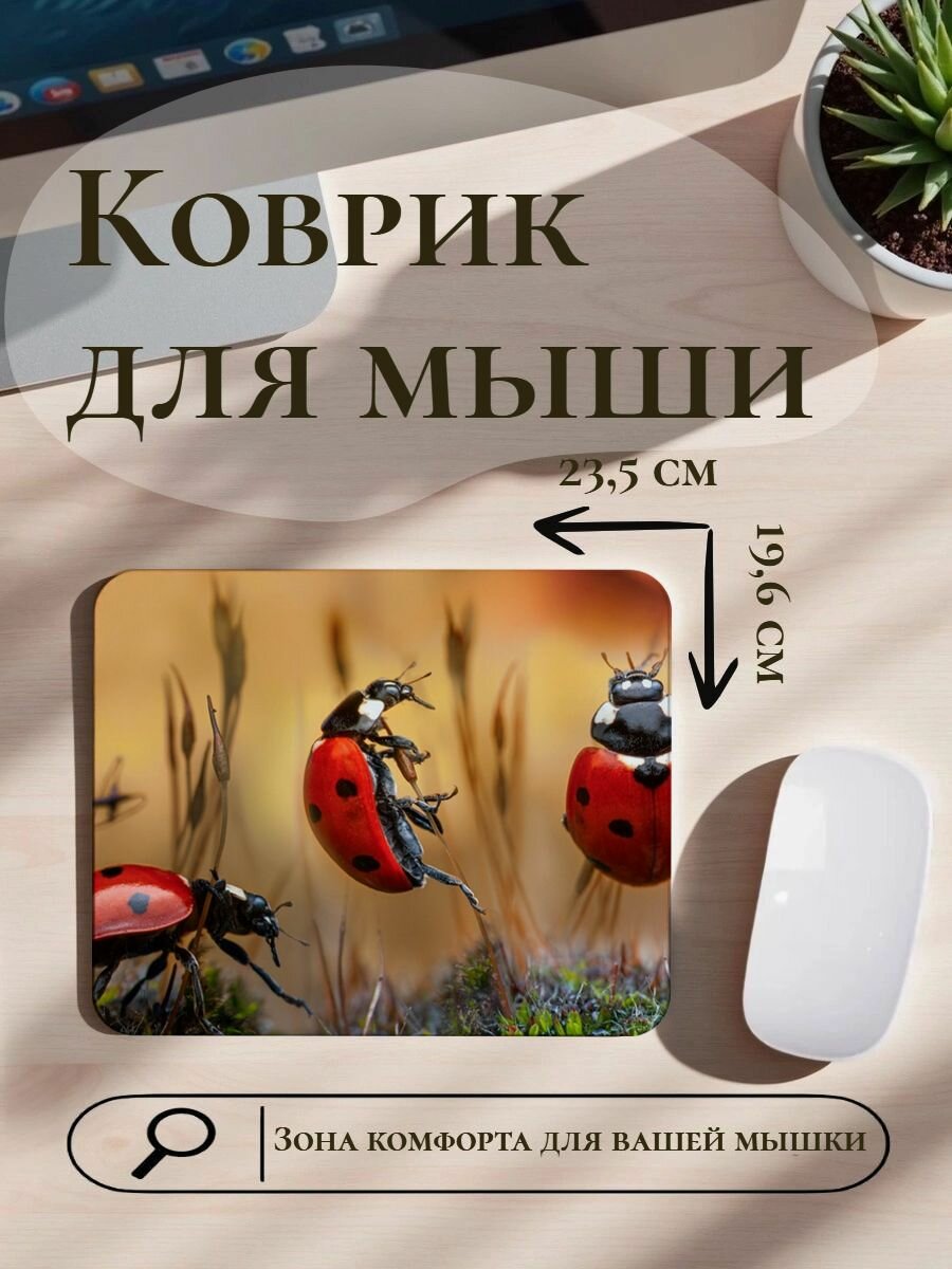 Коврик для мыши три божьи коровки на травинке