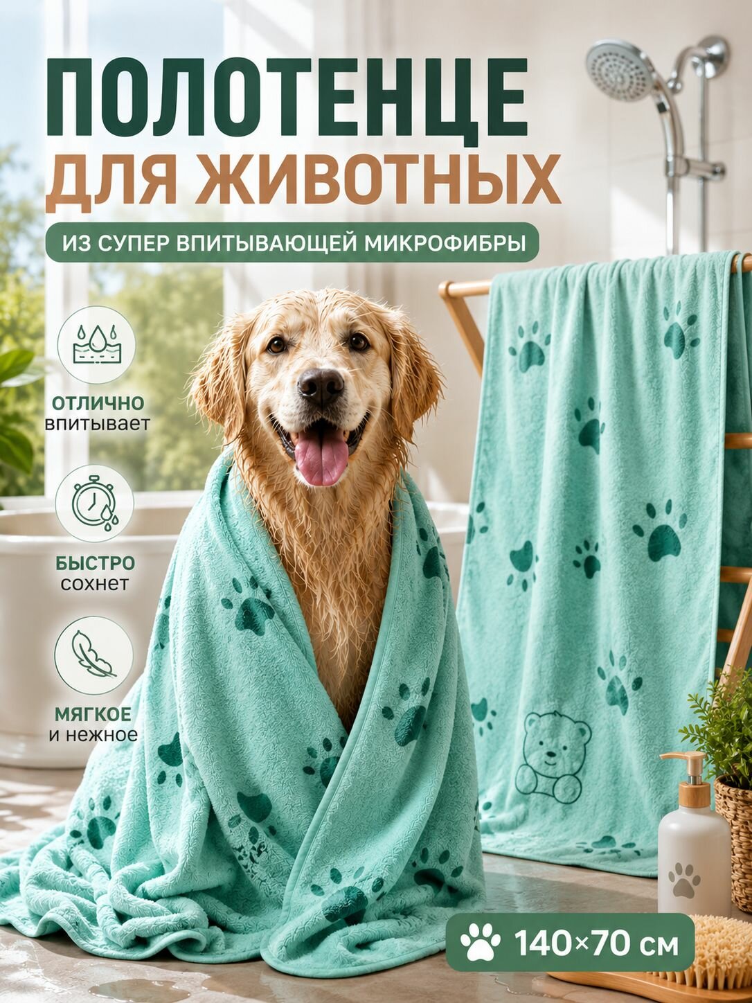 Полотенце для животных из микрофибры 70 х 140 см для собак и кошек после купания