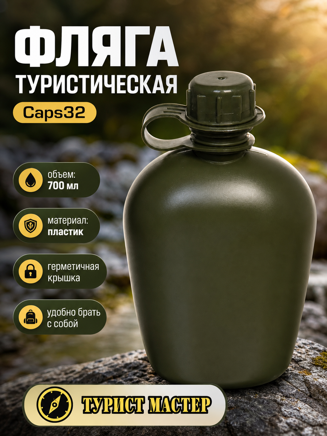 Фляга туристическая 0.7л, темно-зеленая, легкая, с ручкой для переноски
