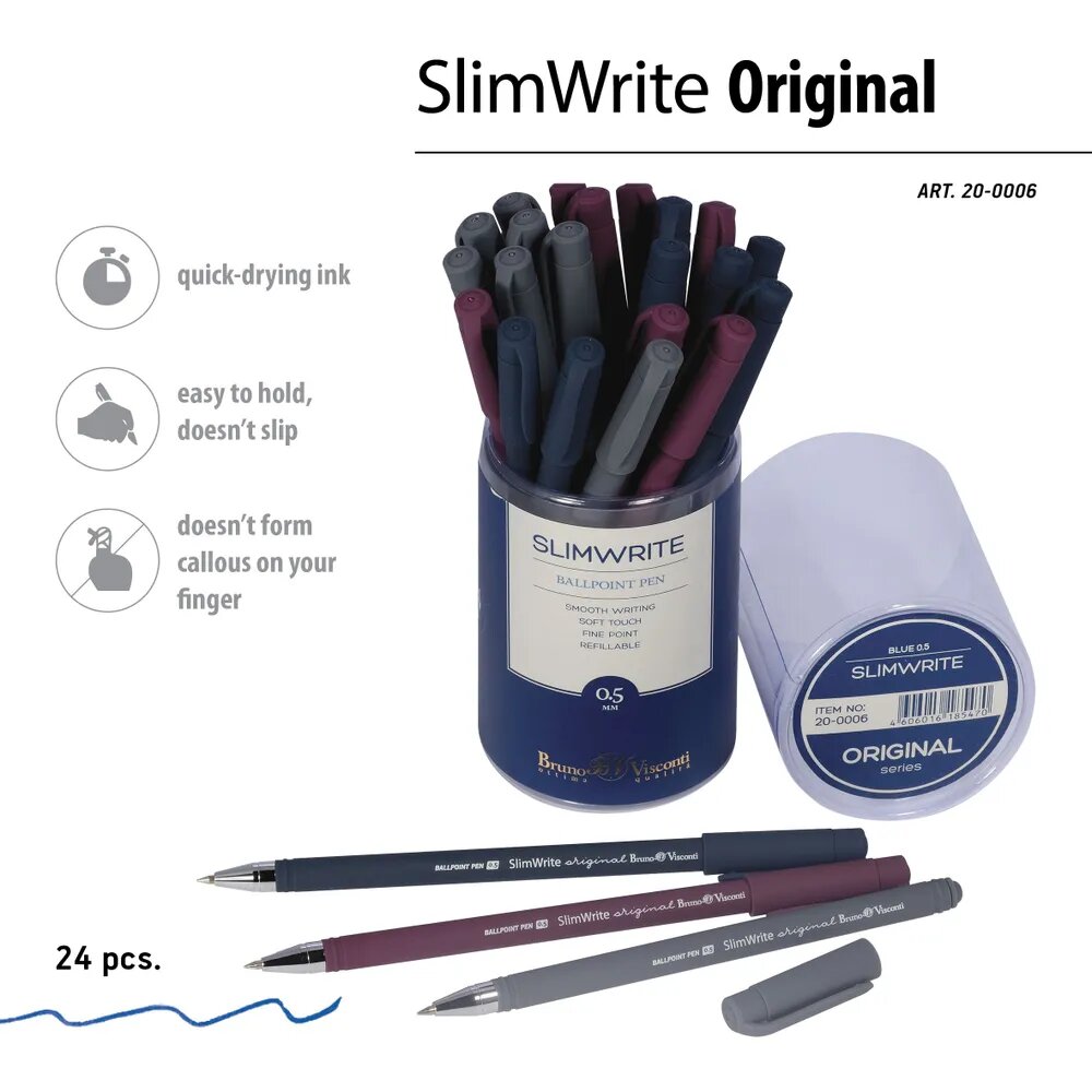 Набор шариковых синих ручек Bruno Visconti "SlimWrite.ORIGINAL" 0.5 мм, 24 шт, 3 цвета корпуса / ручка синяя для школы, ручки шариковые в школу