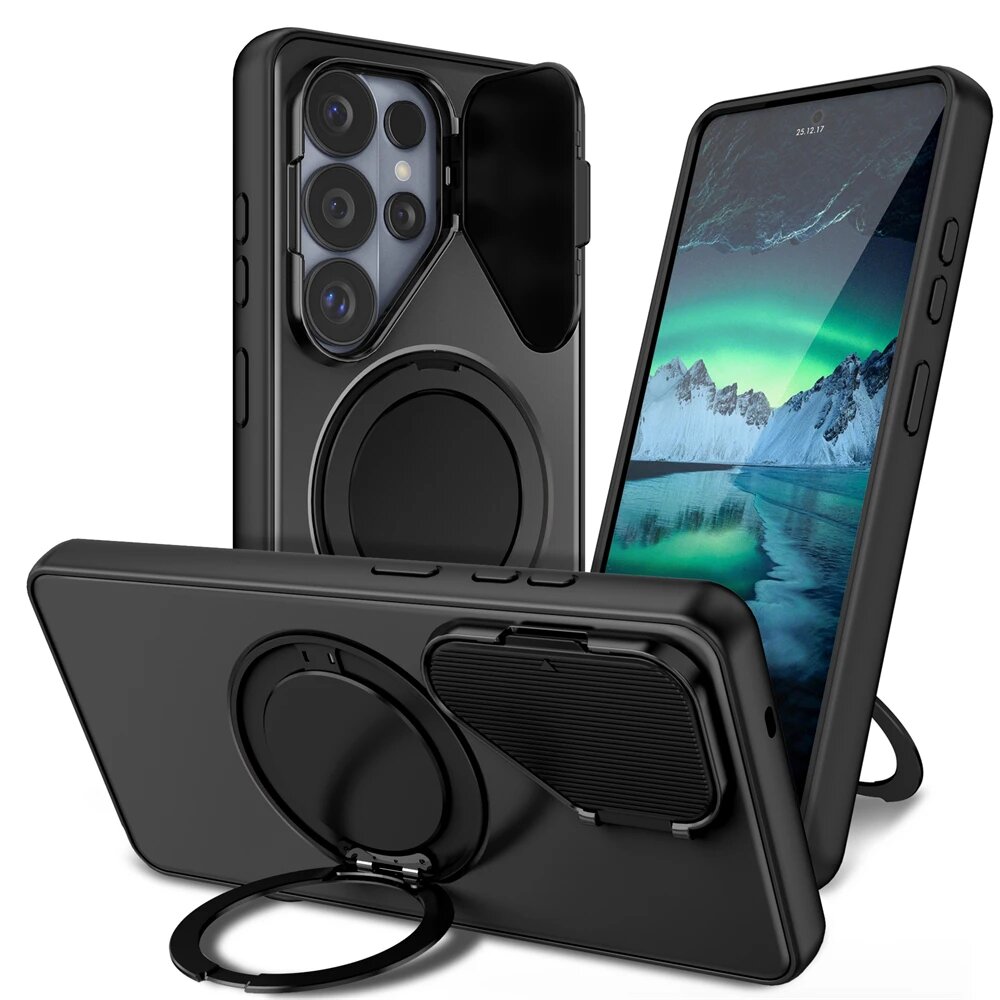 Магнитный защитный чехол-подставка для камеры для Samsung Galaxy S26 Galaxy S24 Ultra, Черный, Black