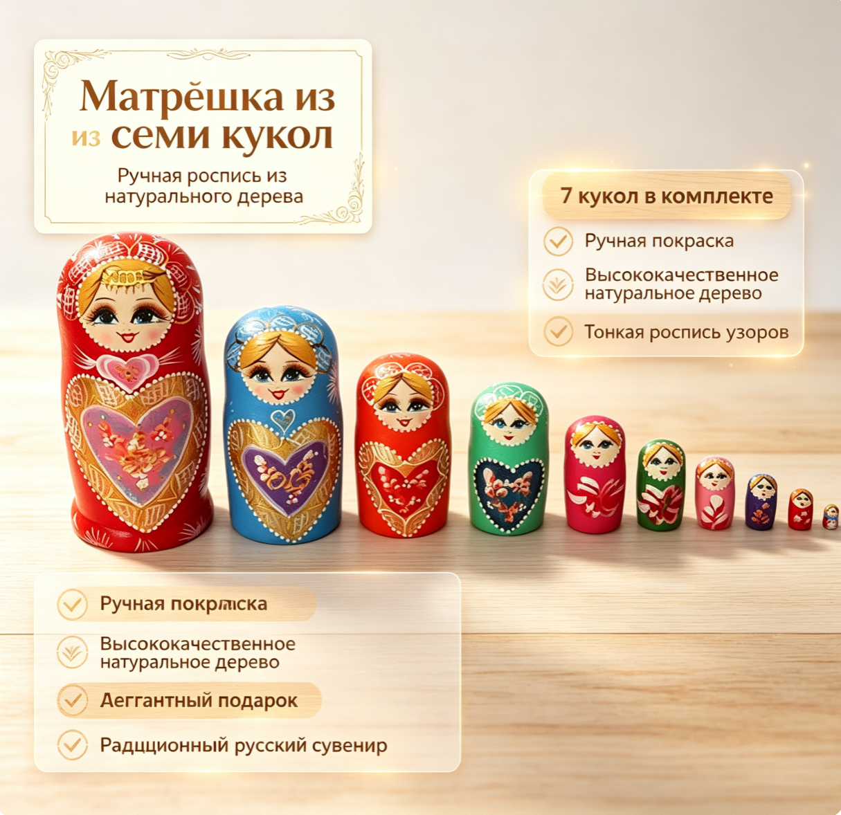 Русская матрешка, семь слоев, ручная раскраска, изыскенный подарок из высококачественной натуральной древесины