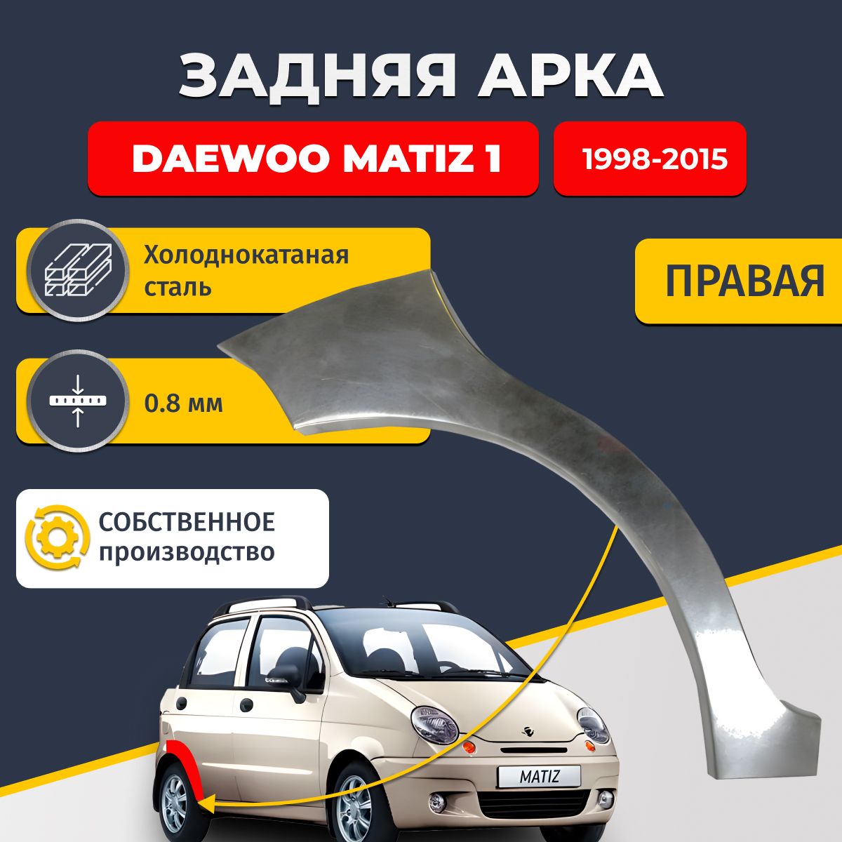 Правая задняя ремонтная арка для автомобиля Daewoo Matiz 1 1998-2015 г. (Дэу / Деу Матиз 1). Холоднокатаная сталь 0,8 мм