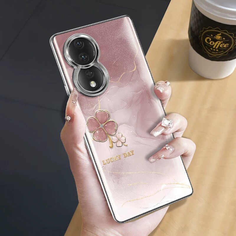 Чехол для Honor 100 Pro с рисунком клевера в акварельном стиле, розовый, защита от ударов и полное покрытие