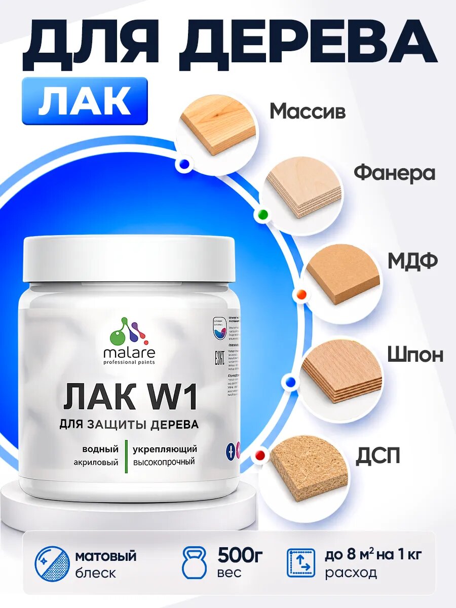 Лак водный для дерева Malare Professional для деревянных и минеральных поверхностей, моющийся без запаха быстросохнущий, бесцветный матовый, 0.5 кг.