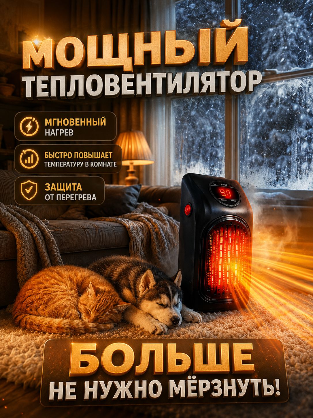 Мини портативный обогреватель, 400 Вт, с функцией таймера, ю / Тепловентилятор настенный, компактный