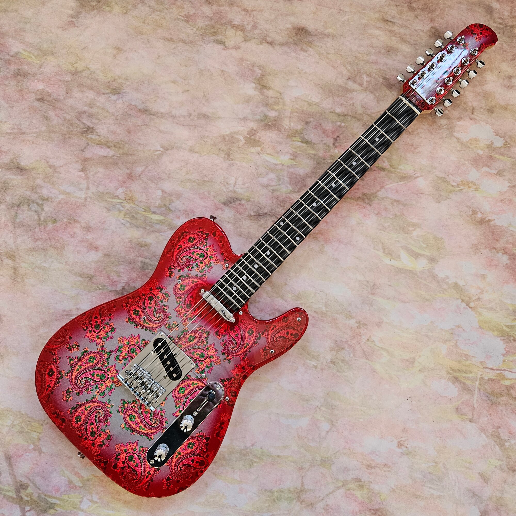 Электрогитара Telecaster, 12 струн, красный, серебристый, Paisley, градиент, SS, клён, палисандр
