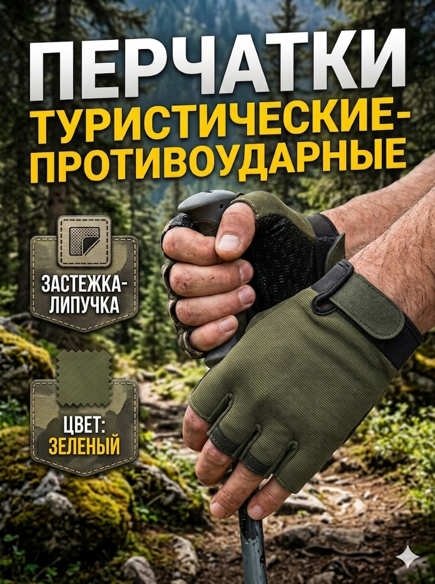 Перчатки туристические без пальцев KF37, зеленые, с липучкой, для активного отдыха