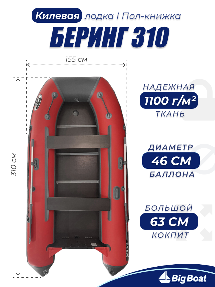 Надувная, под мотор, килевая лодка из ПВХ для рыбалки Bering (Беринг)310К пол-книжка