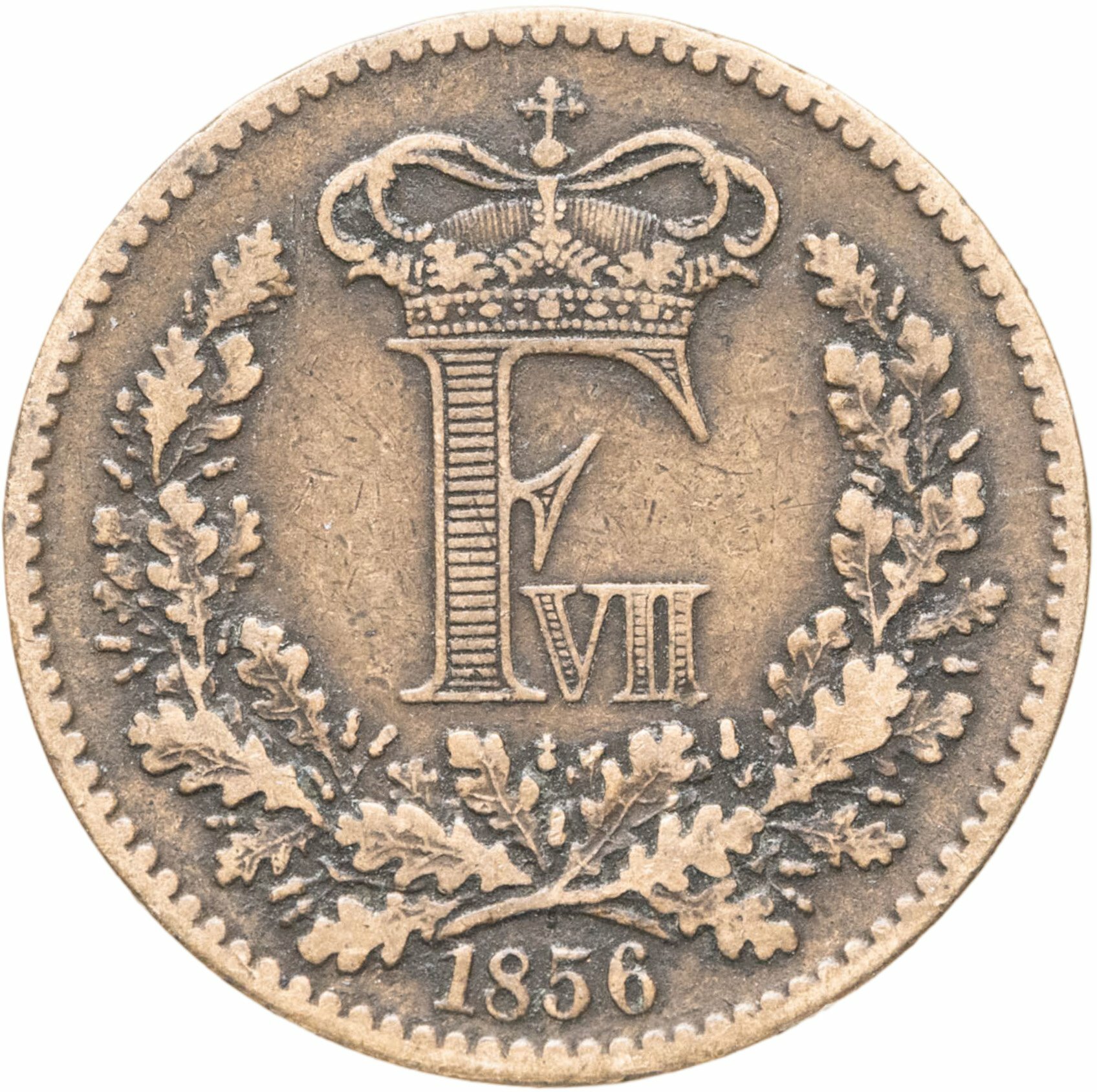 Дания 1 скиллинг ригсмонт скиллинг-ригсмёнт, skilling rigsmont 1856, Бронза, в сохранности VF-XF