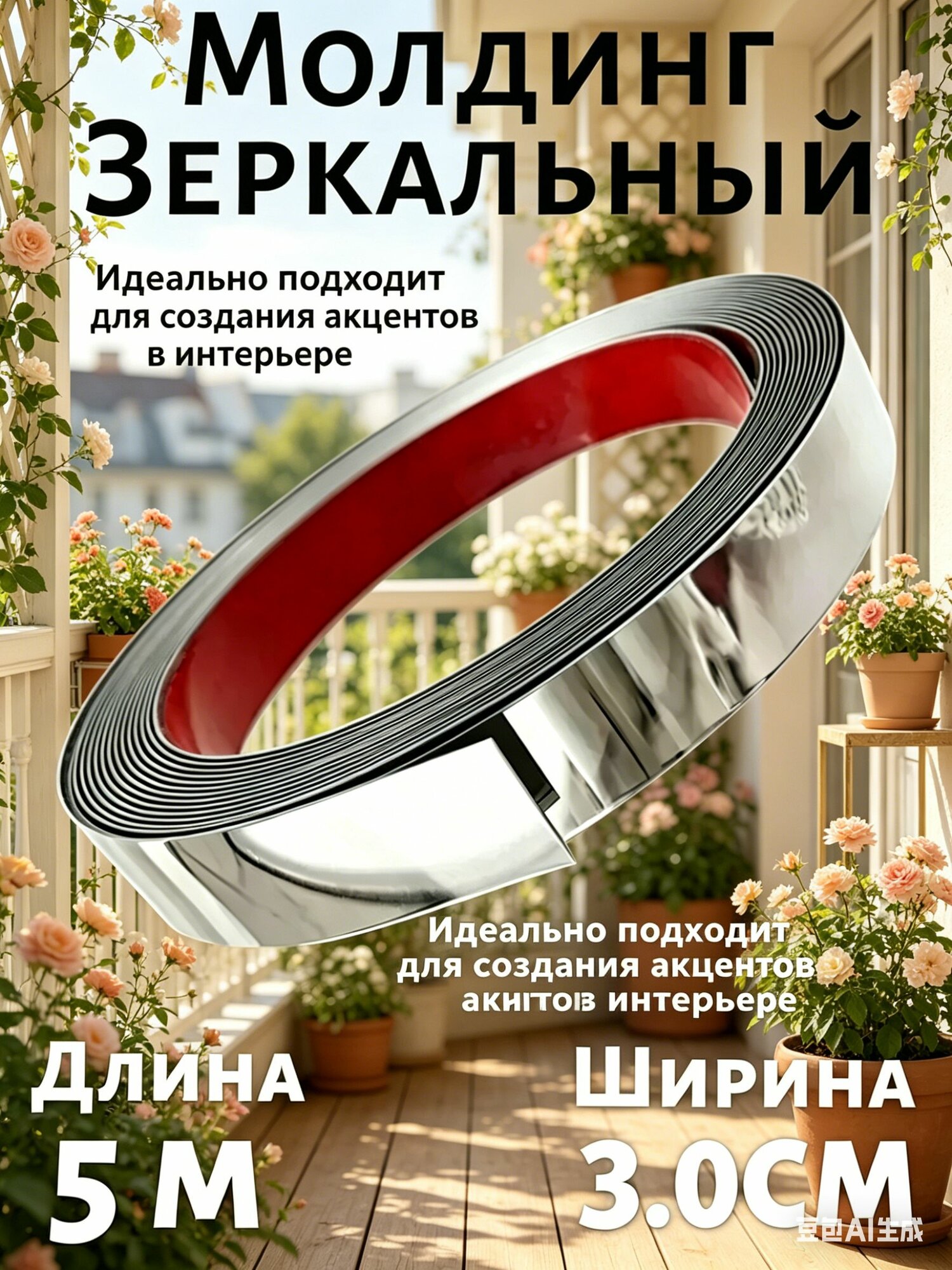 Зеркало титаново-серебряное шириной 3.0 см/длиной 5 метра