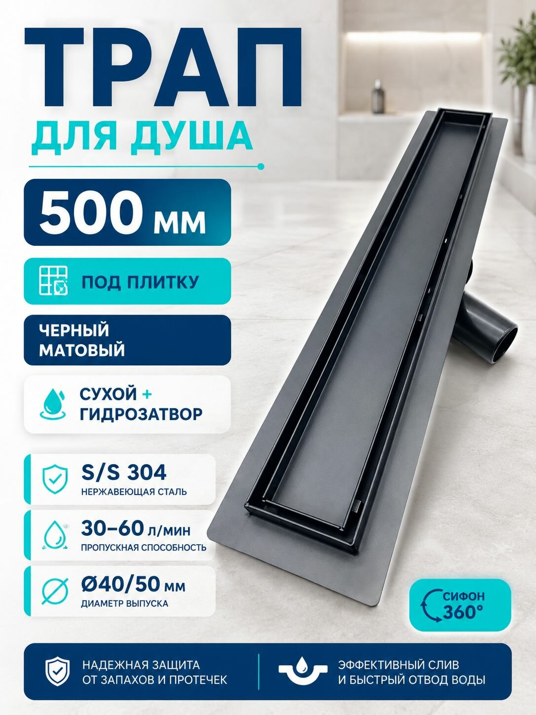 Трап для душа под плитку 500 мм черный матовый, душевой лоток с поворотным сифоном 360 MEGAPLANE