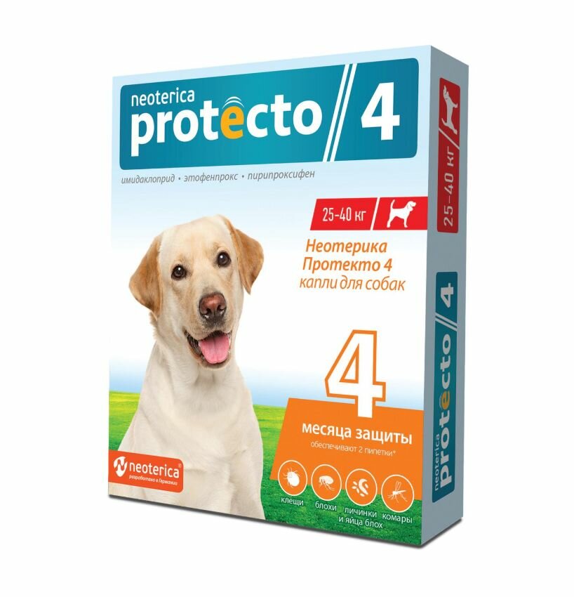 Neoterica Protecto 4 Капли на холку для собак 25-40 кг от блох и клещей, 2 шт