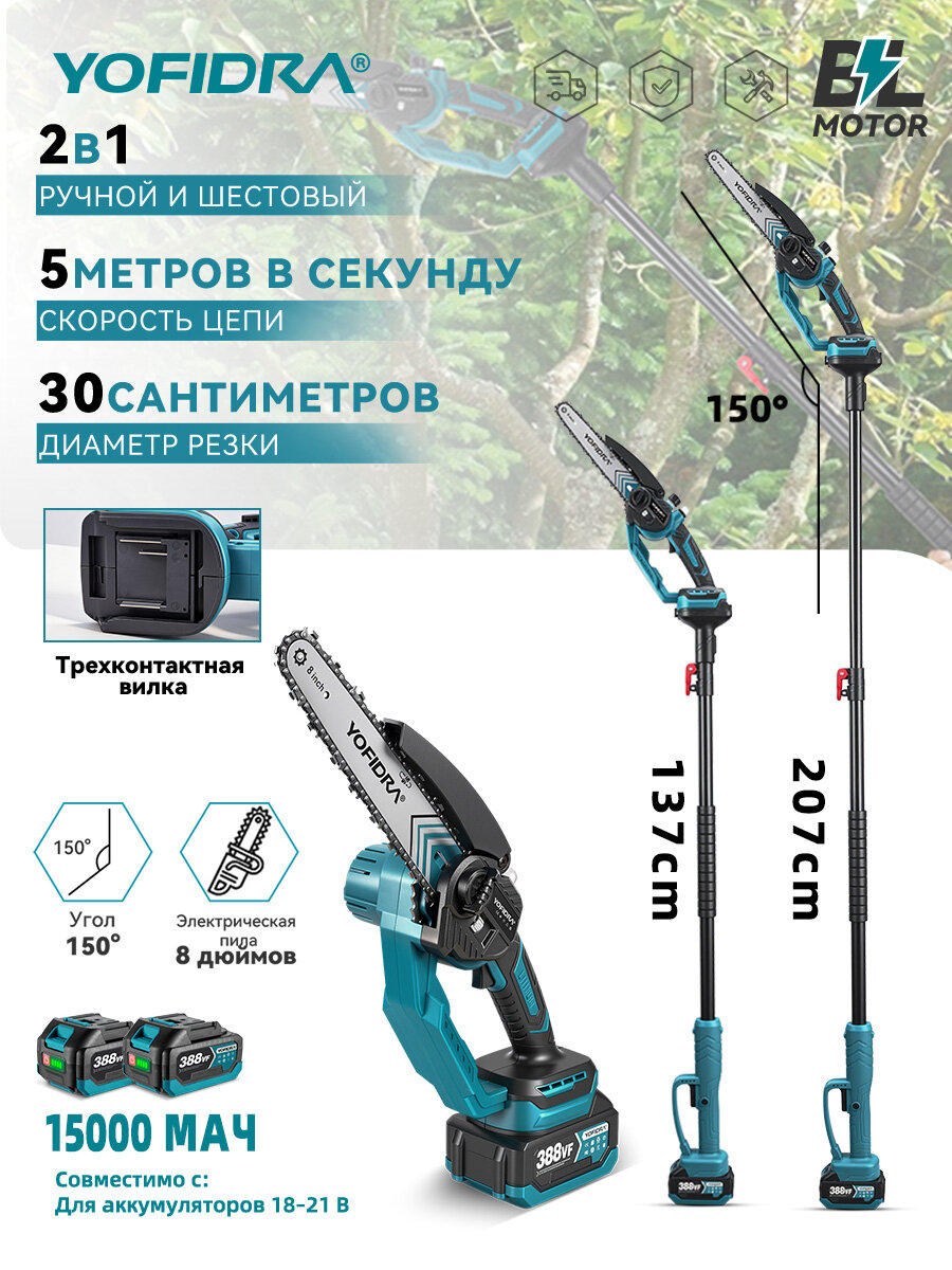 8' Пила Аккумуляторная Цепная, с телескопической штангой (удлинитель) длиной 1.7 м, 2 акб