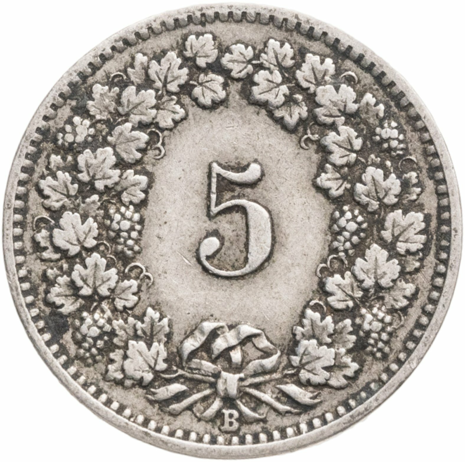 Швейцария 5 раппенов rappen 1910, Мельхиор медь-никель, в сохранности VF-XF