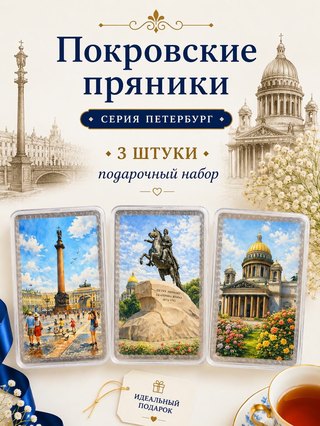 Подарочный набор покровских пряников 3 шт по 140 гр "Медный всадник", "Дворцовая площадь", "Исаакиевский собор"