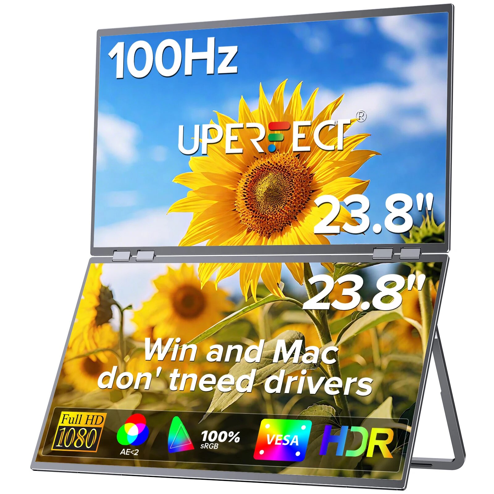 UPERFECT Delta 23,8" Портативный игровой экран-расширитель для ноутбука с двойным монитором 100Гц, дисплей 1080P HDR, 360°сгиб для ПК и игровых консолей