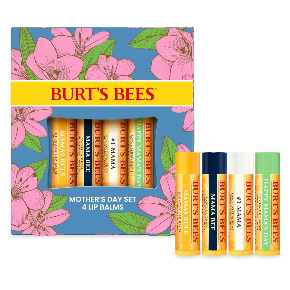 Набор бальзамов для губ Burt's Bees с ароматом натурального пчелиного воска, ванили, огурца с мятой, кокоса и груши, 4 штуки