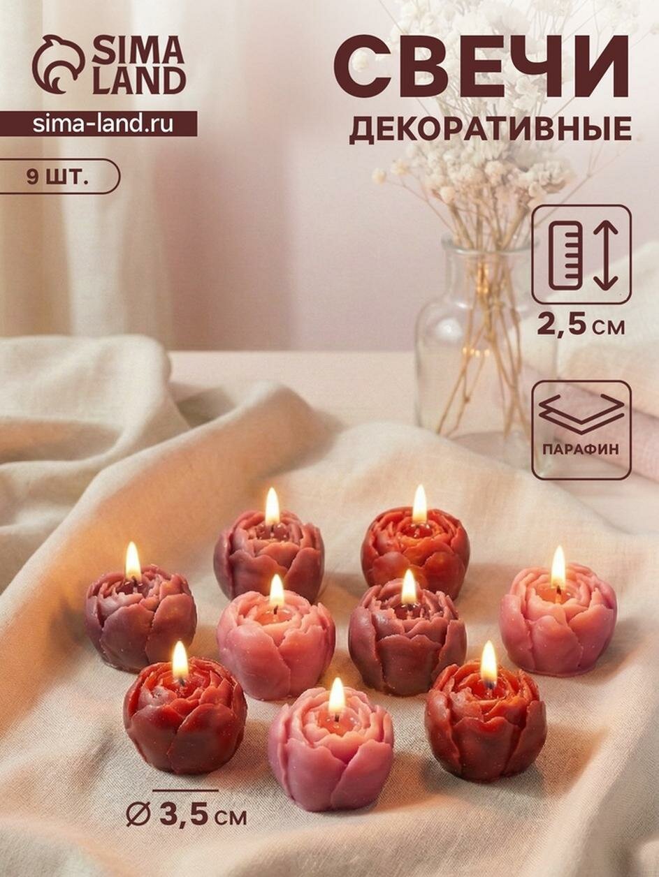 Набор свечей декоративных «Пионы», 9 шт. 3.5×3.5×2.5 см, розово-фиолетовые, 14×14×4 см