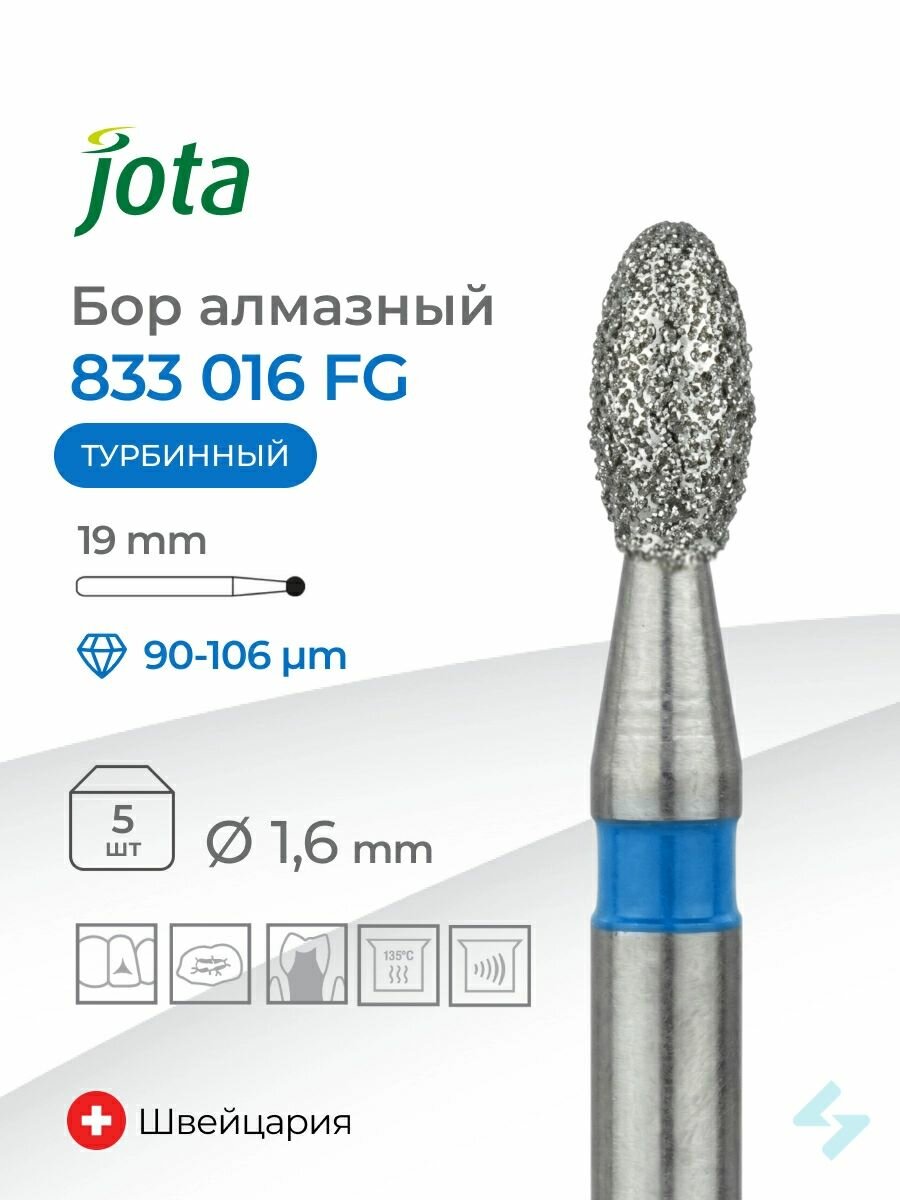 Бор алмазный 833 016 FG, синий, 5 шт. Форма: яйцо