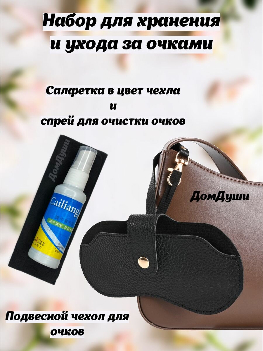 Подвесной чехол для очков. Черный цвет, футляр для очков, салфетка и спрей для очистки. Очечник. Набор для хранения и ухода за очками 3в1.