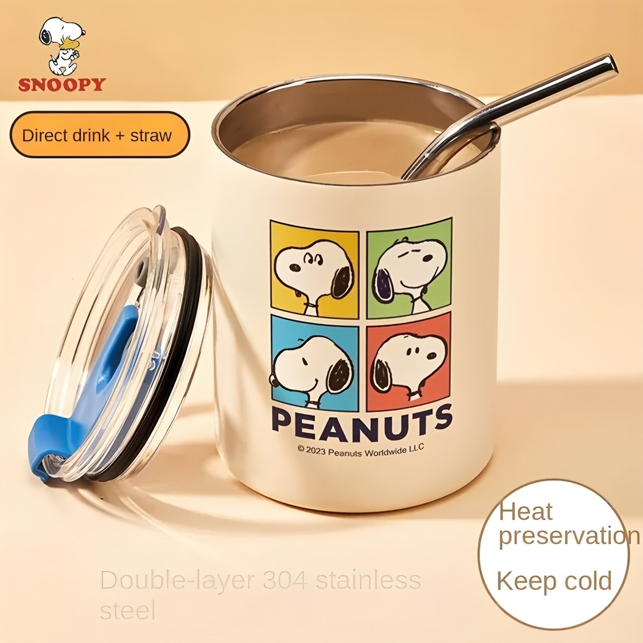 Термокружка Snoopy 350 мл MINISO Кофейная чашка, термос, соломинка, стакан для рабочих 304 нержавеющая сталь