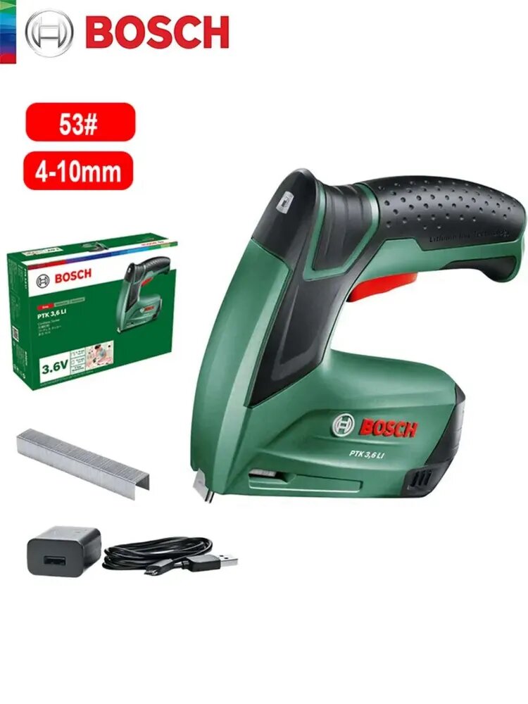 Bosch Степлер строительный электрический PTK 3.6 LI зелёный, литиевый аккумулятор 3,6В 1,5Ач, индикатор заряда, 1 шт