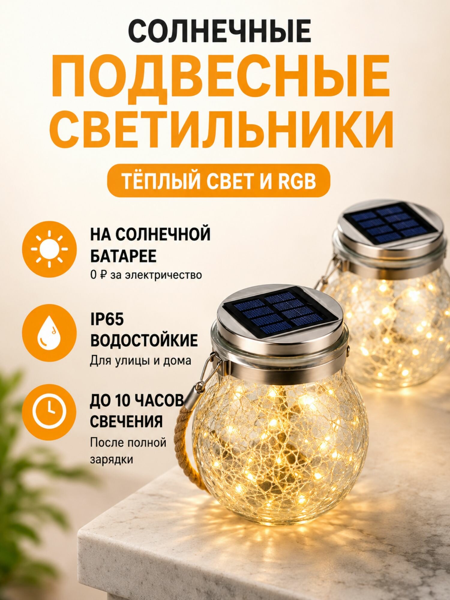 Солнечные декоративные подвесные фонарики с теплым и RGB светом для сада, террасы, балкона и кемпинга
