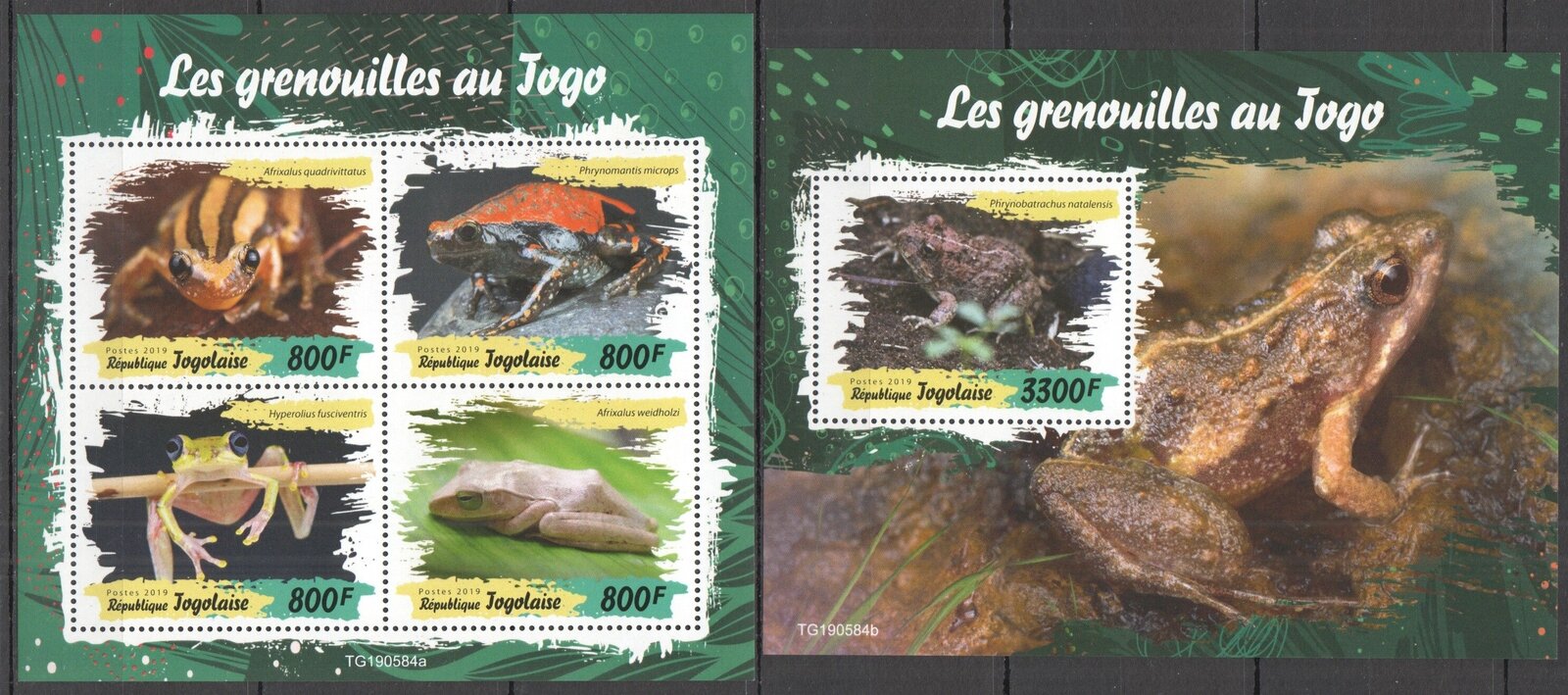 Марки 2019 год Того Лягушки Рептилии и амфибии Фауна #7898-7901+Bl1825 Mnh