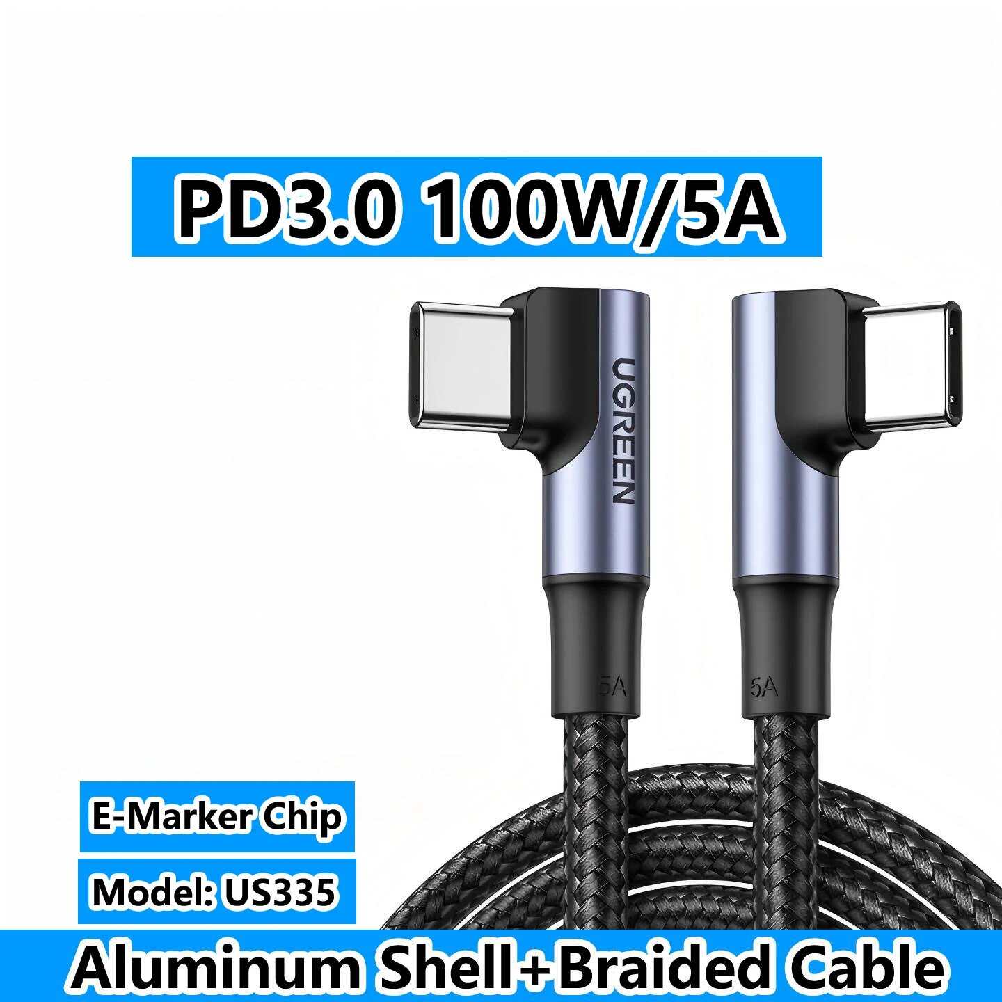 UGREEN кабель USB C - USB C PD100W 5A 2м, 90°
