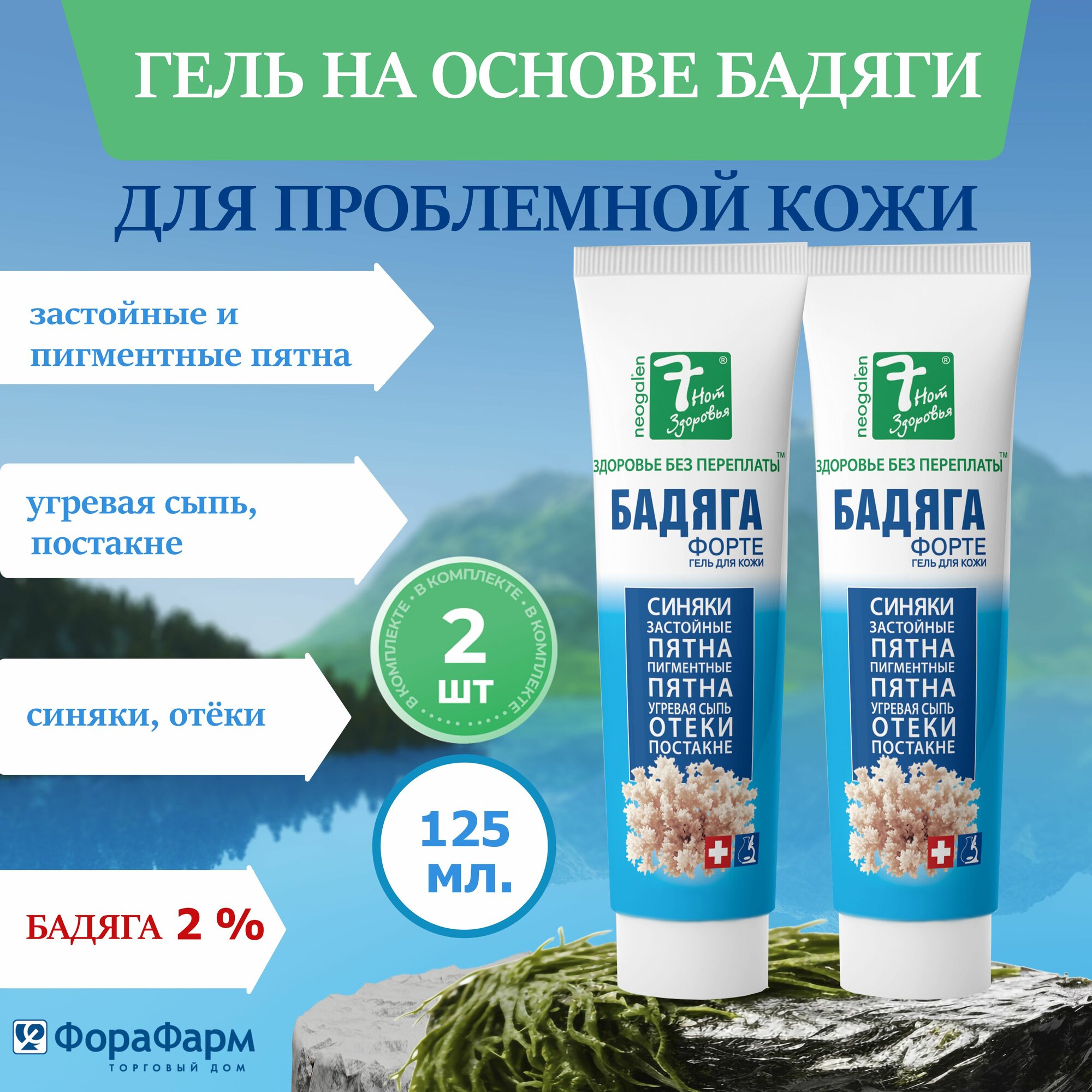 Гель для кожи 7 Нот Здоровья от синяков, пигментных и застойных пятен Бадяга Форте, 125 мл. ГК ФораФарм. Набор 2 штуки.