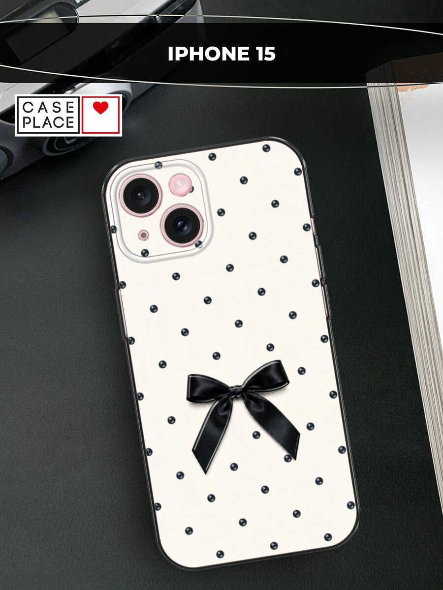 Силиконовый чехол на Apple iPhone 15 / Айфон 15 с принтом Бантик на фоне в горошек