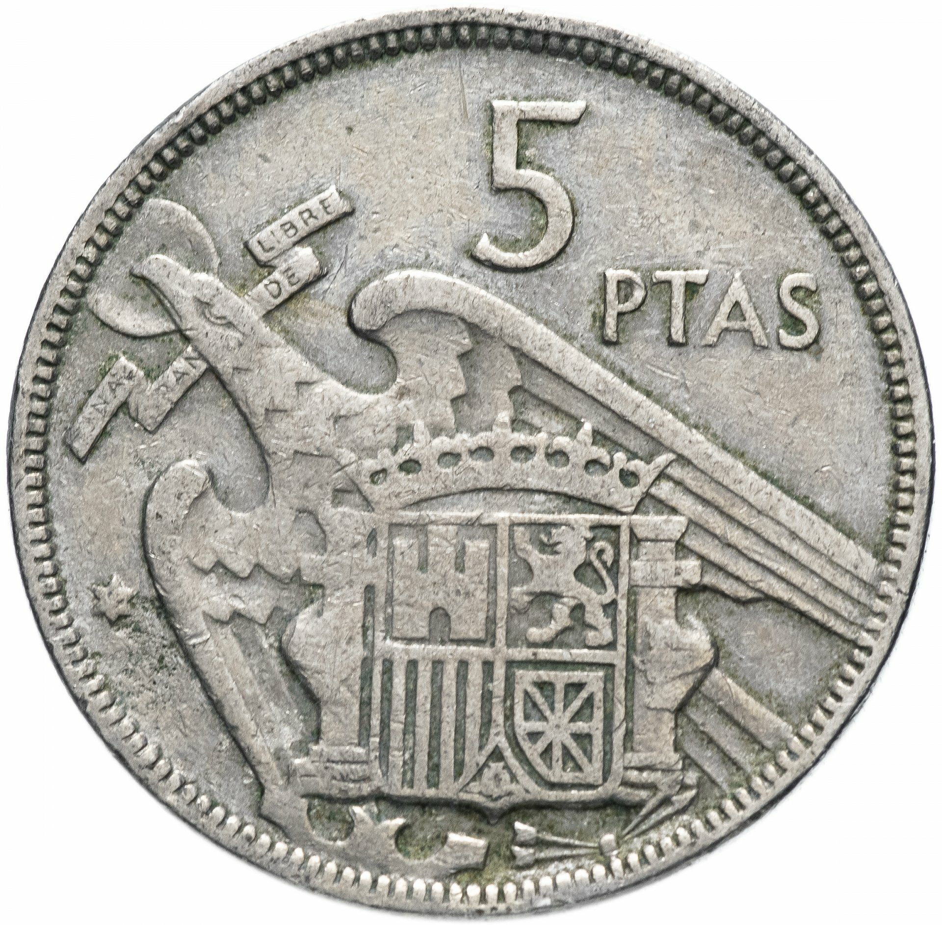 Испания 5 песет pesetas 1957, внутри звезды, Мельхиор медь-никель, в сохранности VF-XF