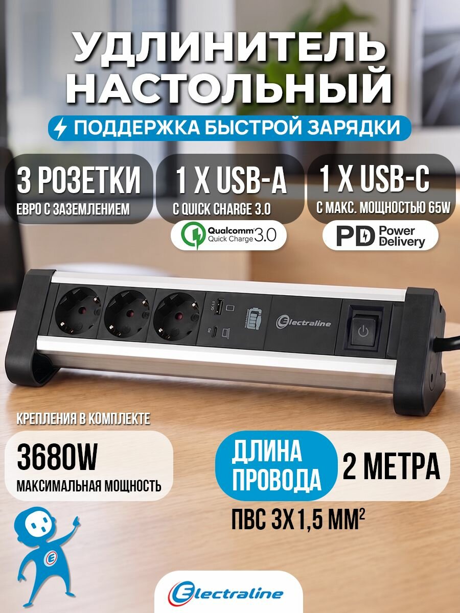 Удлинитель c USB Type-C с быстрой зарядкой ( PD 65W ) Type-А ( QC 3.0 ) настольный сетевой фильтр с выключателем медный провод 2 метра 3х1,5 мм2 с заземлением алюминиевый корпус