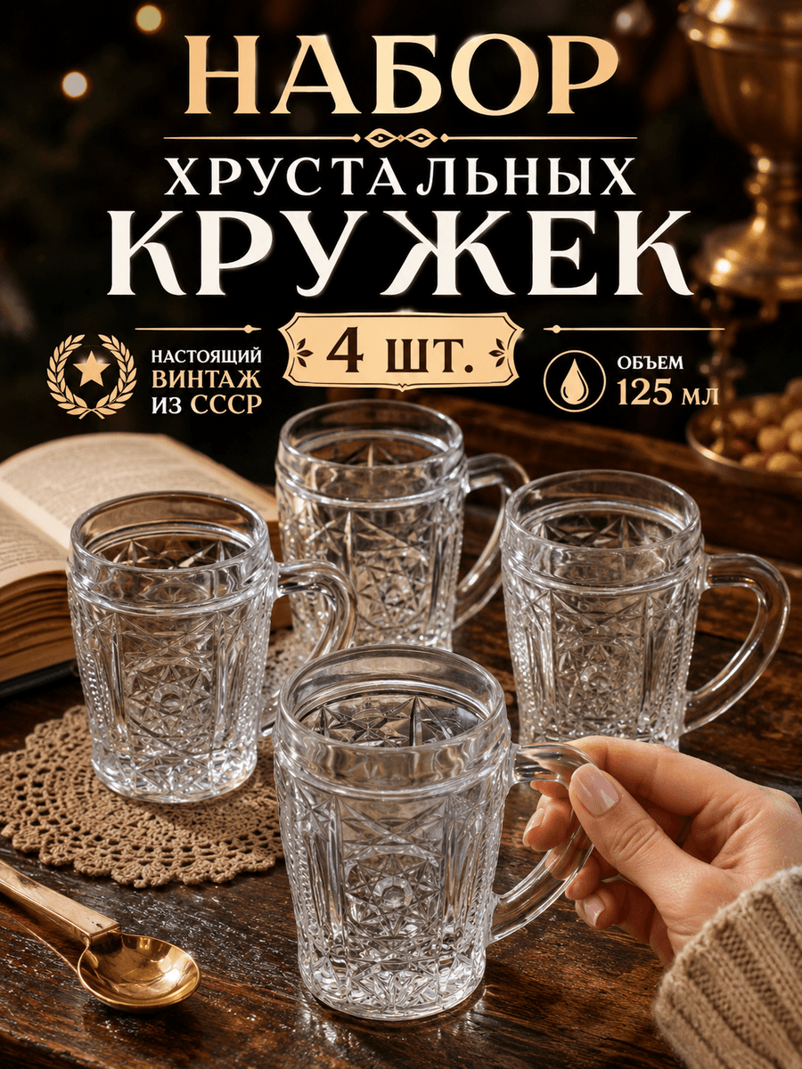 Набор хрустальных кружек, бокалов СССР, 125 мл, винтаж, 4 шт