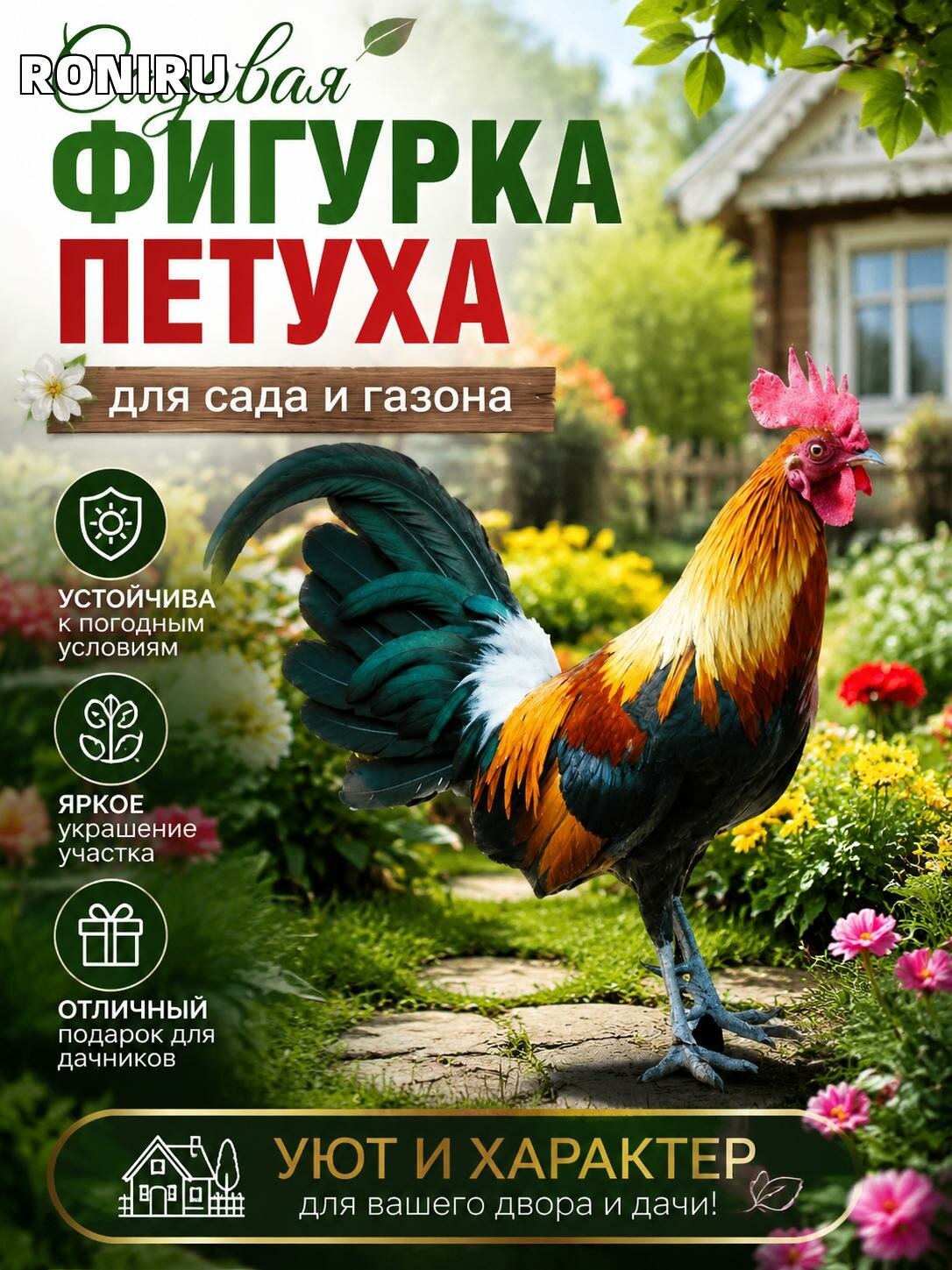 Садовая фигурка петуха для газона и сада — стильное декоративное украшение двора, яркий акцент для дачи и участка