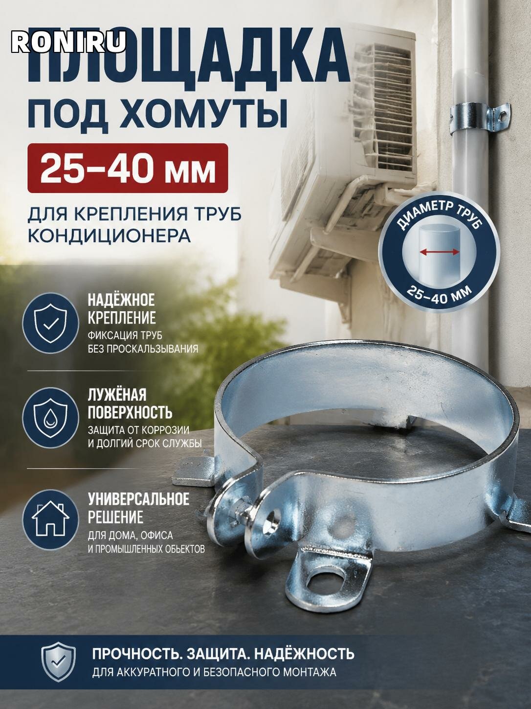 Площадка под хомуты 25-40 мм для крепления труб кондиционера, лужёная поверхность, универсальное крепёжное решение, в доме