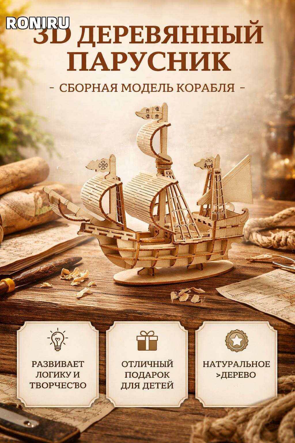3D деревянный парусник — сборная модель корабля Гётеборг для детей, развивающий набор и подарок для мастер-классов