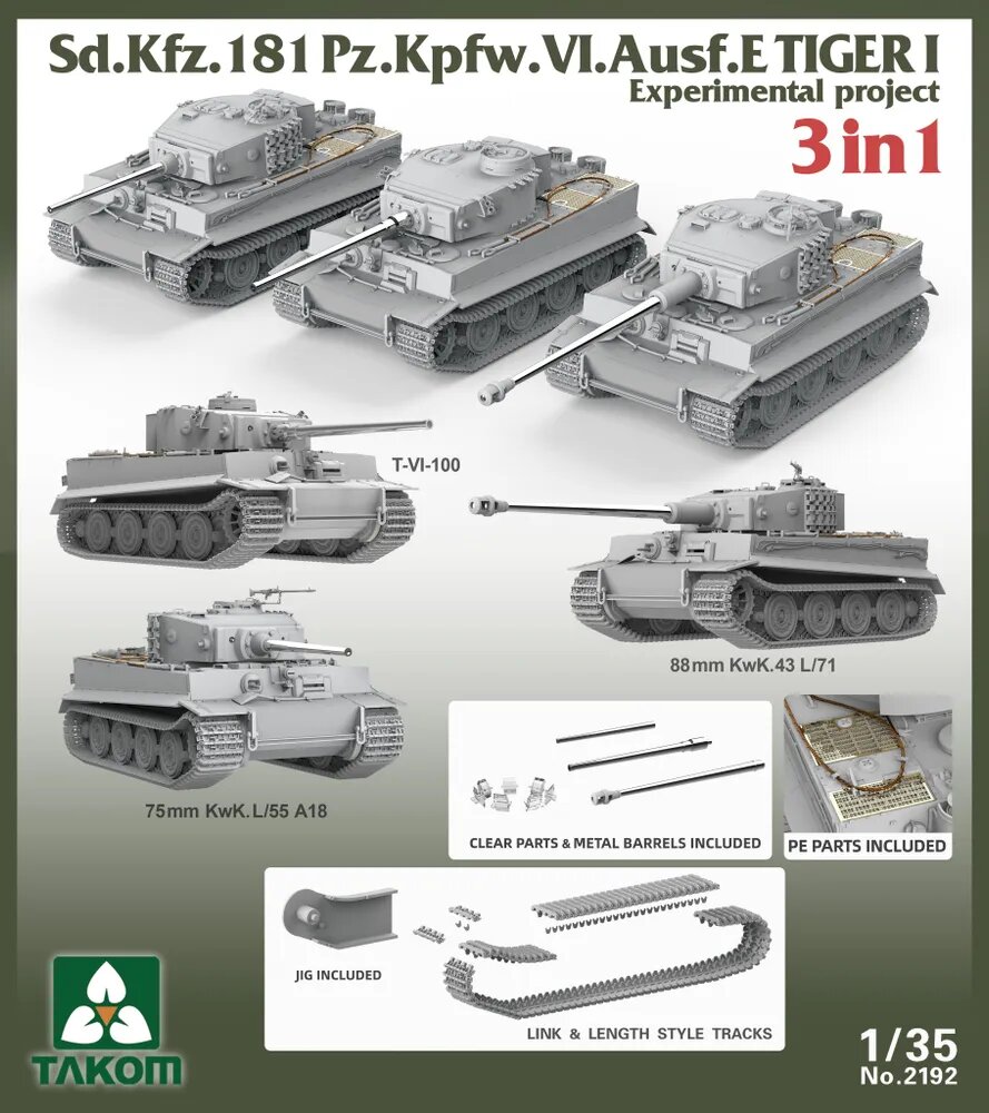 TAKOM 2192 1/35 Sd. Kfz181 Pz.Kpfw.VI Ausf.E Tiger I Экспериментальный проект Модель сборки танков 3 in 1