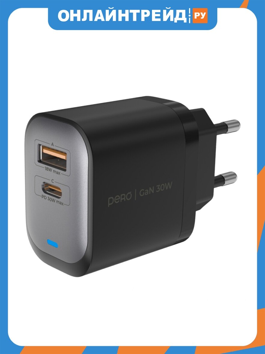 Сетевое зарядное устройство Pero TC26 30Вт, ULTIMATE GAN, USB-A + USB-C, серый